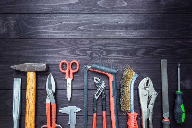 Background from Various Tools on Wooden Workbench. Top View.copy Space ...