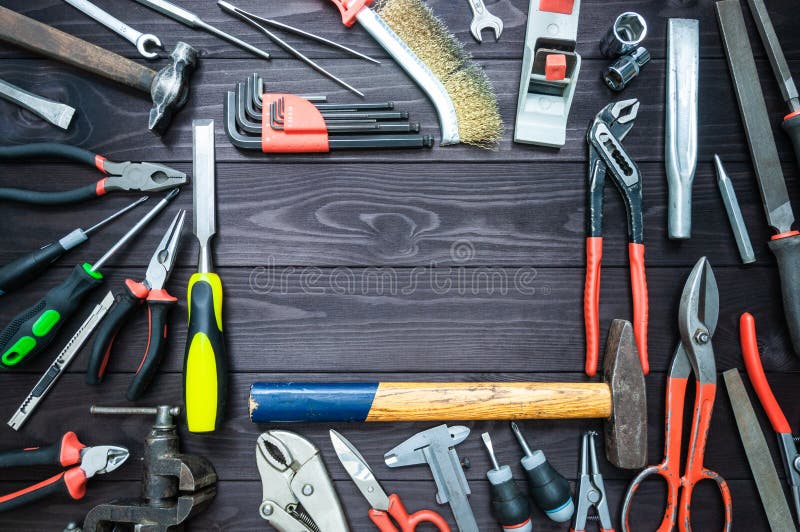 Background from Various Tools on Wooden Workbench. Top View.copy Space ...