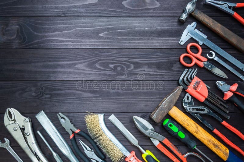 Background from Various Tools on Wooden Workbench. Top View.copy Space ...