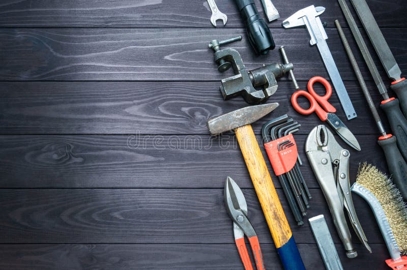 Background from Various Tools on Wooden Workbench. Top View.copy Space ...