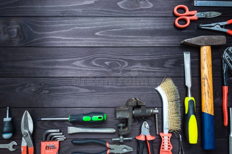 Background from Various Tools on Wooden Workbench. Top View.copy Space ...