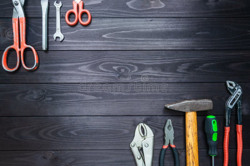 Background from Various Tools on Wooden Workbench. Top View.copy Space ...