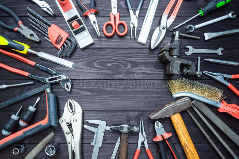 Background from Various Tools on Wooden Workbench. Top View.copy Space ...