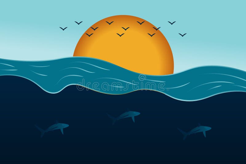 Background Vector Illustration of Sunset in the Middle of the Sea Stock ...