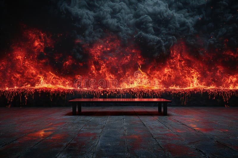 The Background is the Wall of Flames, with an Empty Table in Front and ...