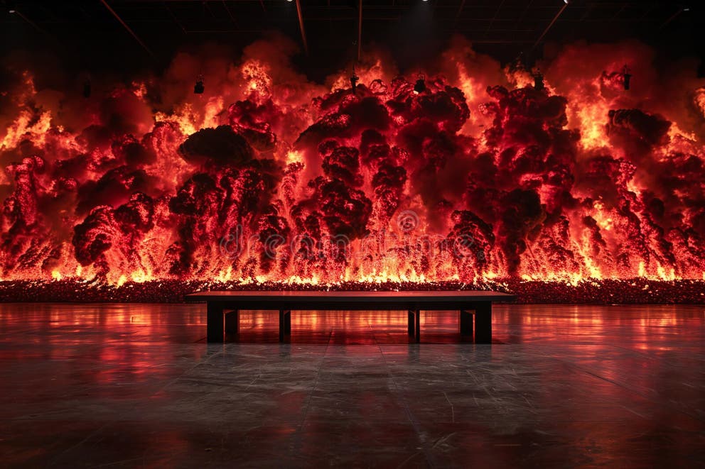 The Background is the Wall of Flames, with an Empty Table in Front and ...