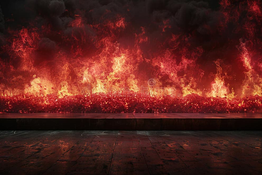 The Background is the Wall of Flames, with an Empty Table in Front and ...