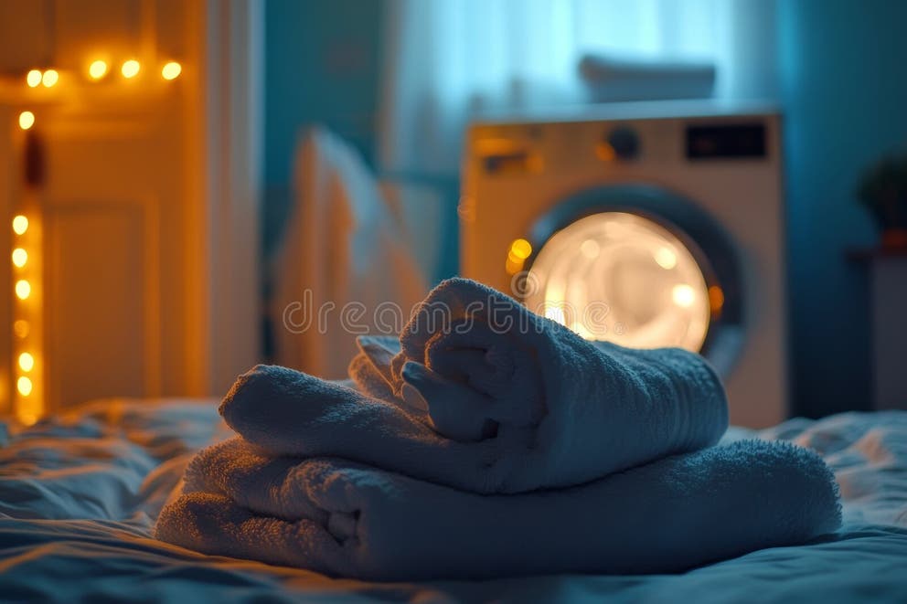 On a Background of a Washing Machine, a Stack of Turquoise Towels ...