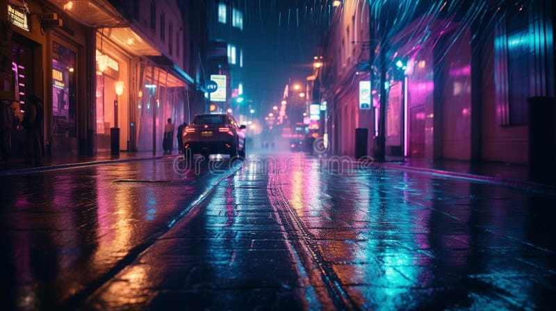 Background of Wet Asphalt with Neon Light. Night Street Background ...