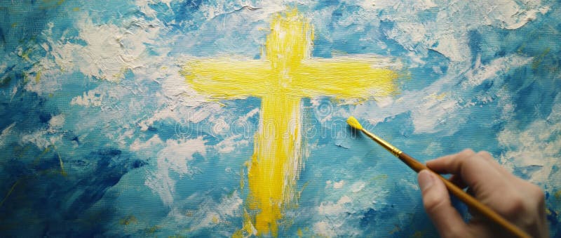 The Background, Which is Blue and White, Has a Yellow Plus Sign Painted ...