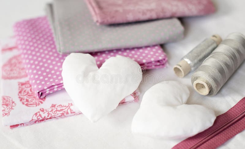 Background of White Textile Hearts and Sewing Tools and Accessories in ...