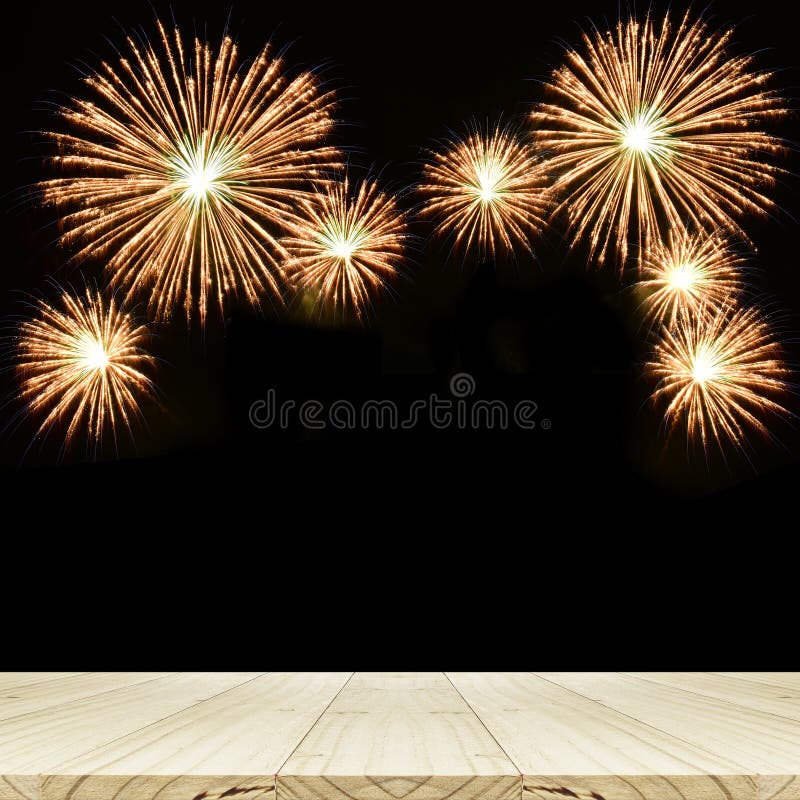 Background of Wood Table with Fireworks Backdrop Stock Photo - Image of ...