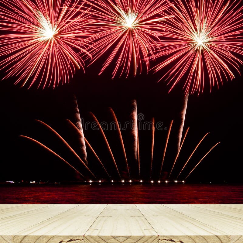 Background of Wood Table with Fireworks Backdrop Stock Photo - Image of ...