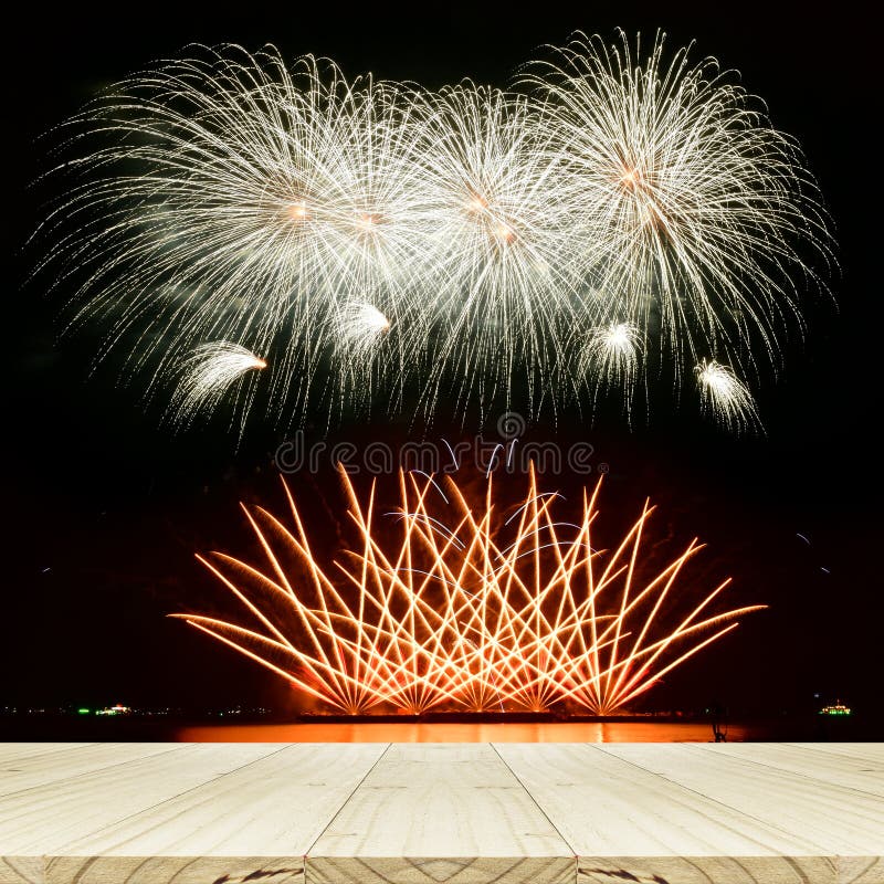Background of Wood Table with Fireworks Backdrop Stock Image - Image of ...