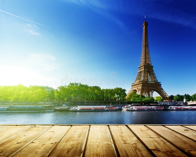 Background with Wooden Deck Table and Eiffel Tower Stock Photo - Image ...