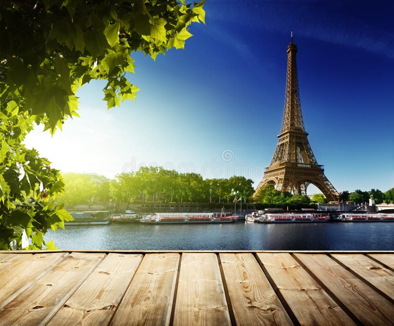 Background with Wooden Deck Table and Eiffel Tower Stock Image - Image ...