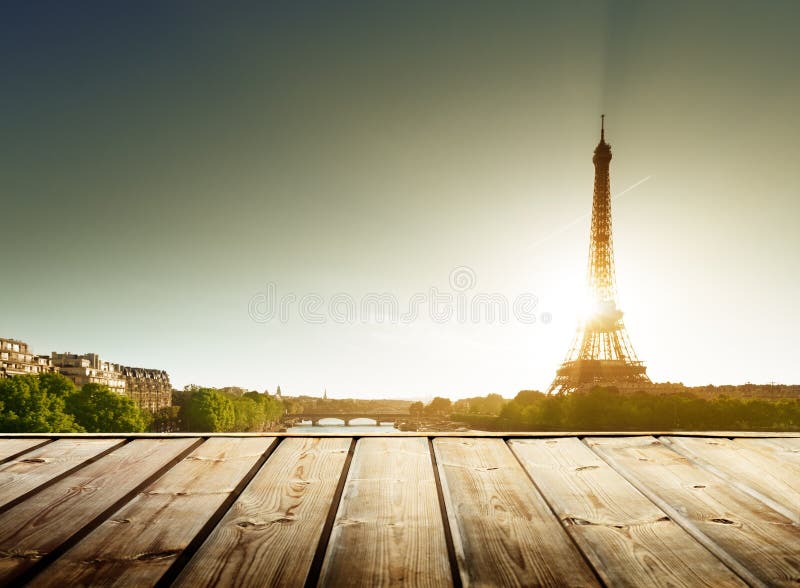 Background with Wooden Deck Table and Eiffel Tower Stock Photo - Image ...