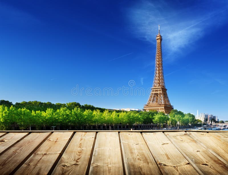 Background with Wooden Deck Table and Eiffel Tower Stock Image - Image ...