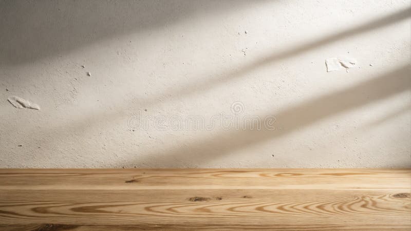 Background with Wooden Table and Shadow on Plaster Wall Stock ...