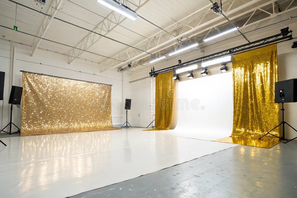 Backgrounds and Backdrops Inside Empty Studios with Golden Glitter Stock Illustration ...