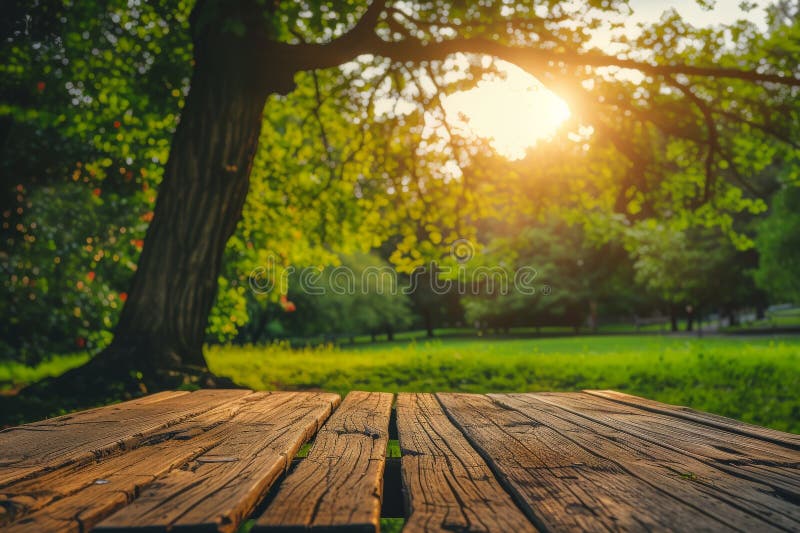 Backgrounds: Empty Rustic Wooden Table on Green Forest for Mockup ...