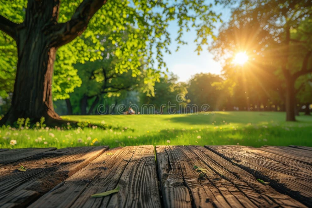 Backgrounds: Empty Rustic Wooden Table on Green Forest for Mockup ...