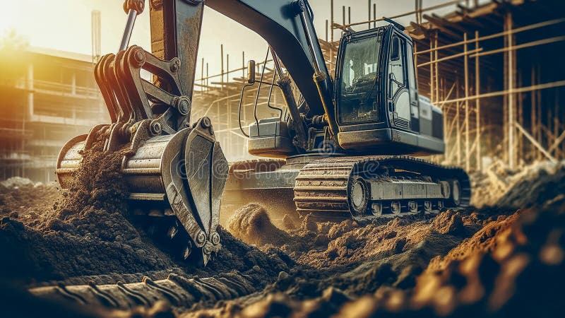 Backhoe in Action, Digging Soil at a Construction Site Stock Image ...