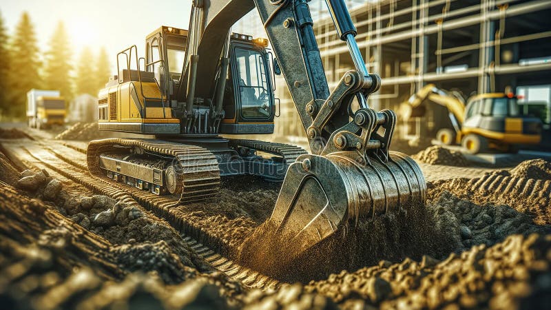 Backhoe in Action, Digging Soil at a Construction Site Stock Image ...