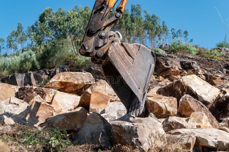 Backhoe Loader Moving Rocks Stock Photo - Image of landfill, soil ...