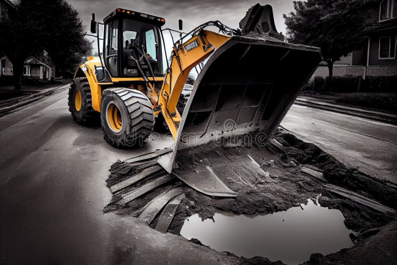 A Backhoe Digging Up a Patch of Broken Pavement, Ready To Make Repairs ...