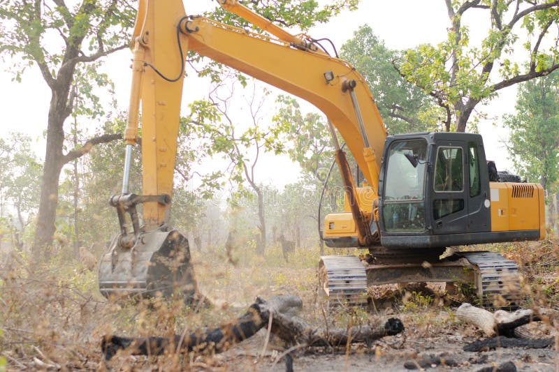 A Backhoe is Digging Up Trees, Reclaiming the Forest Stock Photo ...