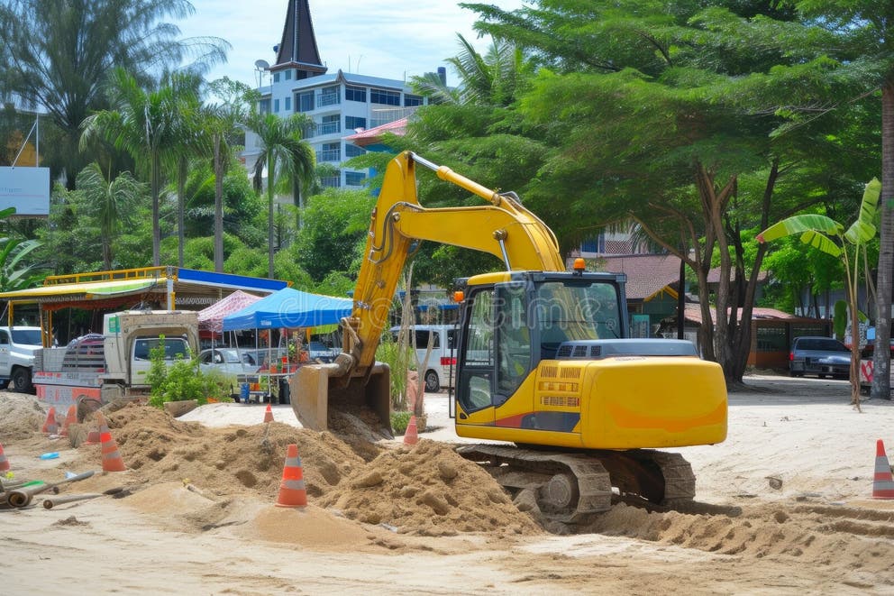 Backhoe Digs Trenches for Construction. Stock Illustration ...