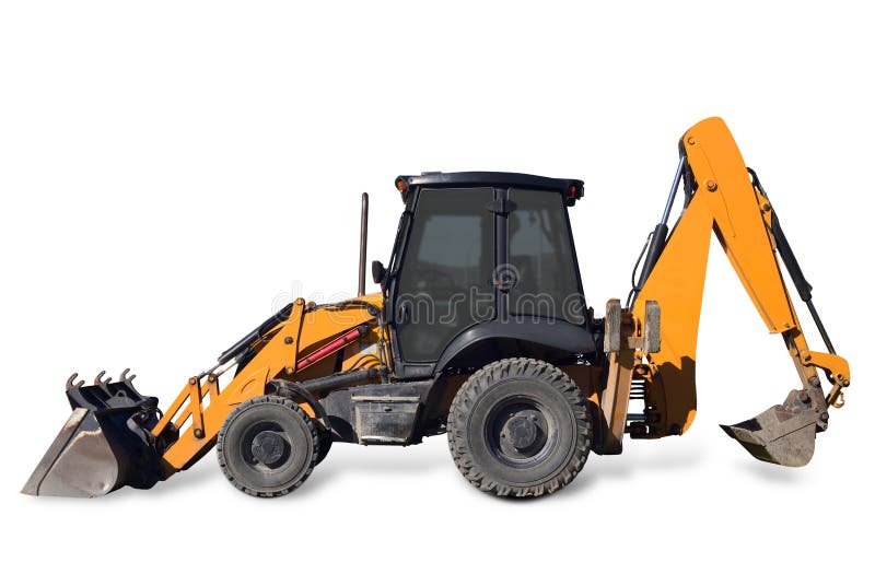 Old Backhoe Isolated on White, Side View Stock Photo - Image of ...