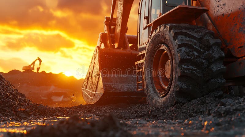 Backhoe Loader Working at Sunset on Construction Site with Vibrant ...
