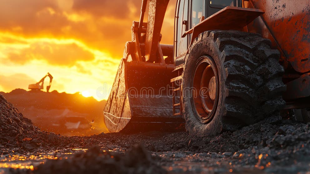 Backhoe Loader Working at Sunset on Construction Site with Vibrant ...