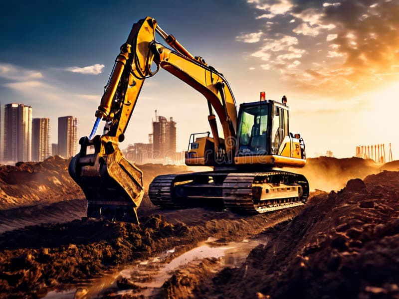 Backhoe Working by Digging Soil at Construction Site. Crawler Excavator ...