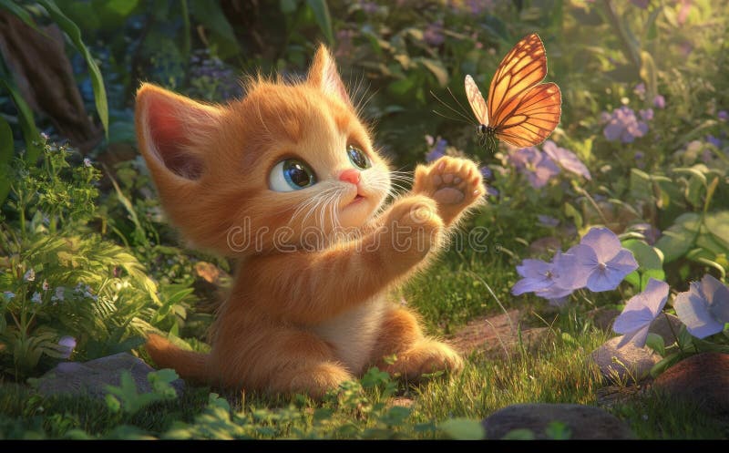 With Backlighting, a Young Kitten / Cat Hunts a Butterfly Stock Photo ...