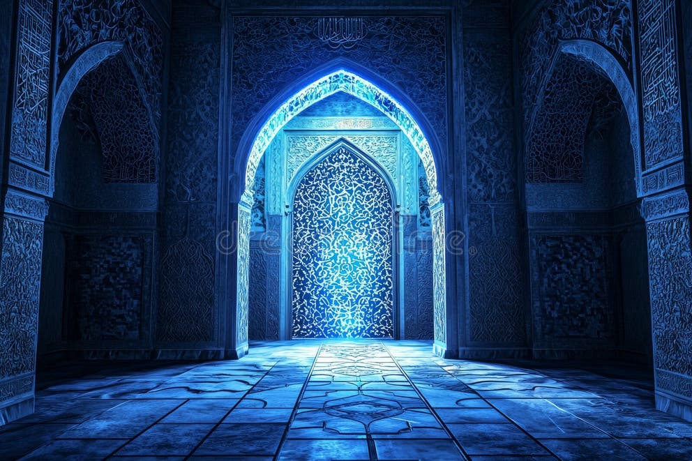 Backlit Arabesque Arch with Blue Light Rays Shining through the Doorway ...