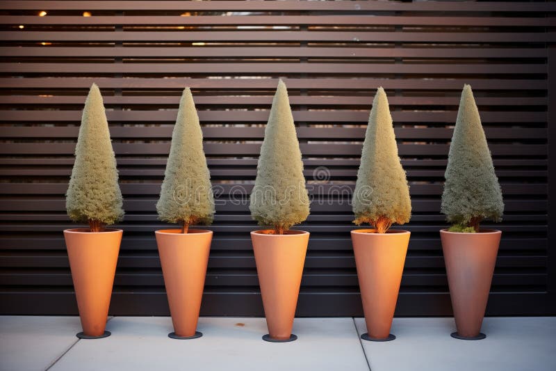 Backlit Artificial Cone Topiaries in Tall Planters in a Row Stock Image ...