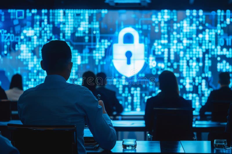 Silhouette of an Audience and Cyber Security Screen Stock Illustration ...