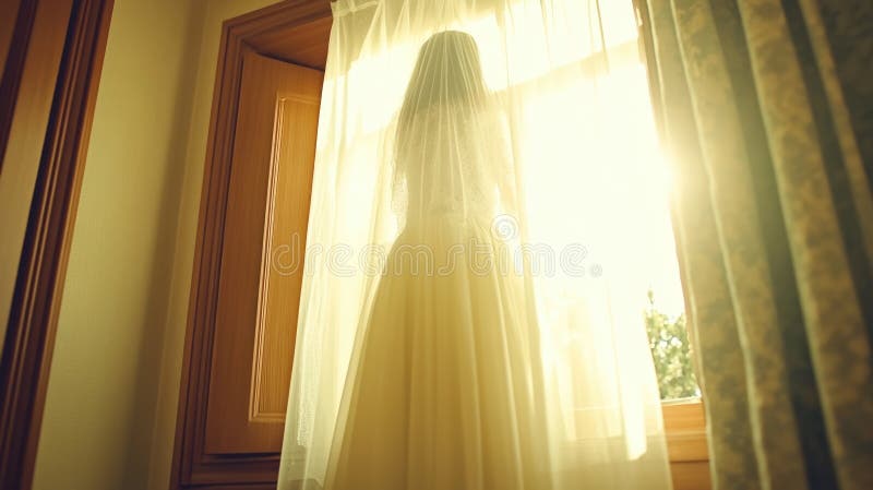 Backlit Bride in Elegant Wedding Gown Standing by Sunlit Window Stock ...