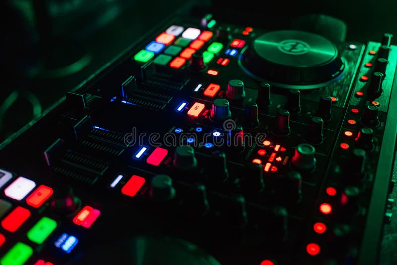 Backlit Buttons on Modern Board of Management of Music for DJ with ...