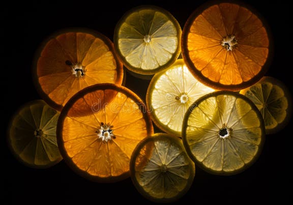 Backlit Citrus Fruit Slices on Dark Background Stock Illustration ...