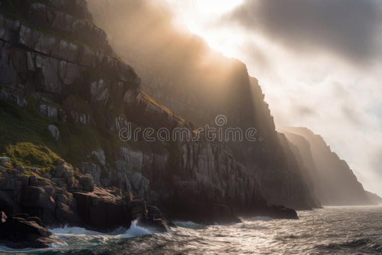 Backlit Coastal Cliffs with Streaks of Sunlight and Clouds Stock ...