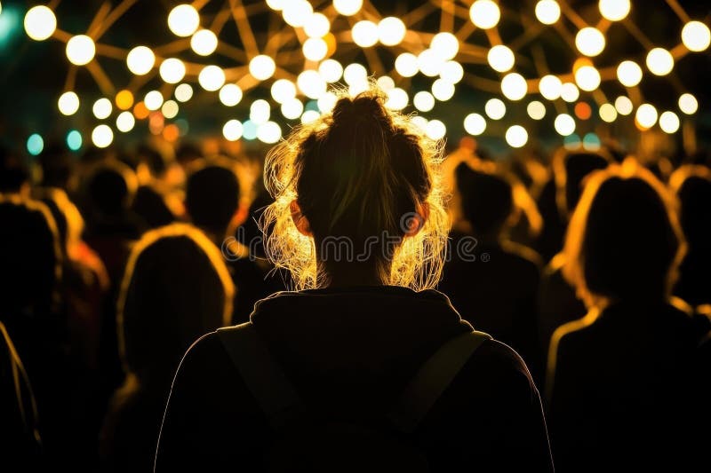 Backlit Crowd in Night Festival with Glowing Lights Stock Photo - Image ...