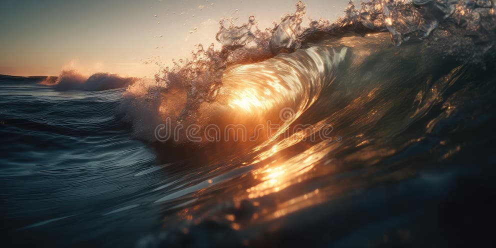 A Backlit Curling Wave at Dawn Stock Illustration - Illustration of ...