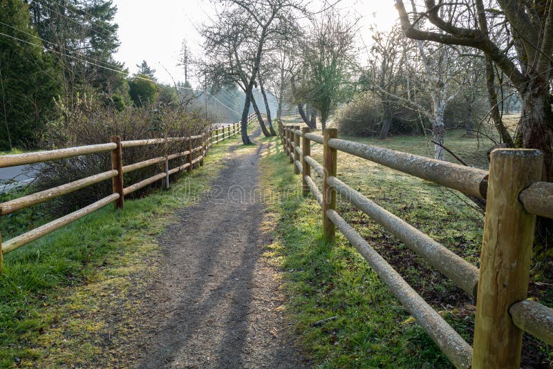 A Backlit Fenced Walking Path Parallels the Street Stock Photo - Image ...