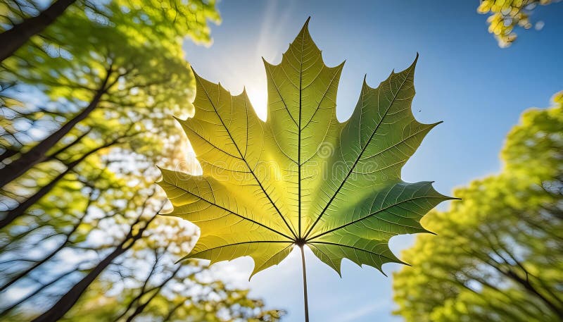 Backlit Green Maple Leaf with Sun and Trees in the Background Stock ...