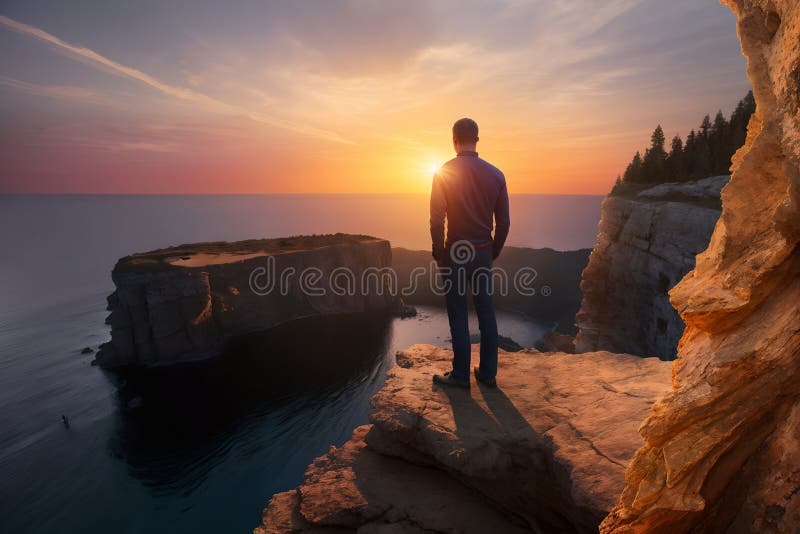 Backlit Image of a Man Looking at Sunset Standing on Cliff, Created ...