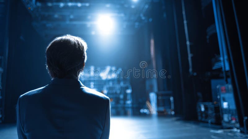 Backlit Man Standing on Dark Stage Under Bright Spotlight with Theatrical Lighting and Backstage ...